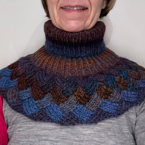 Hand-knitted Entrelac Shaded Cowl/ Neck Warmer/ Snood/ Poncho blue ...