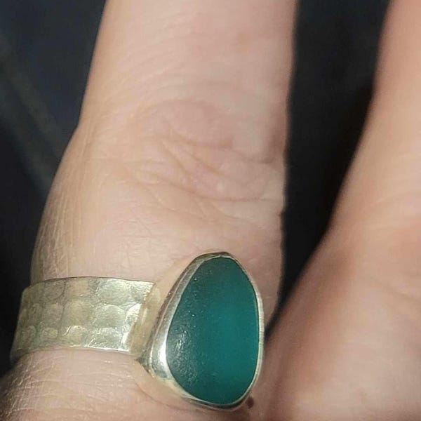 Teal Hammered Sea Glass Ring, Wide Band Sterling Silver Ring, Sea Glass ...