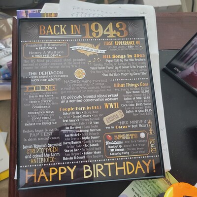 Back in the Year 1943 Birthday Sign, Flashback to 1943 Poster Board, 43 ...