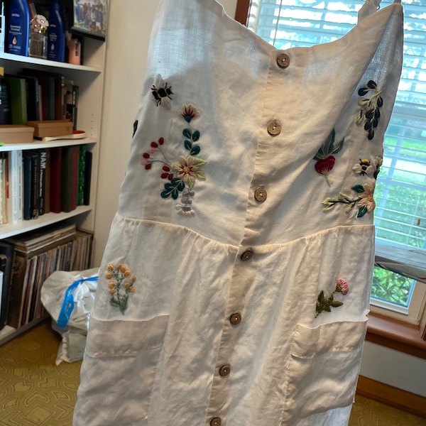 Linen Dress With Hand Embroidered Wild Flower Pattern for Women ...