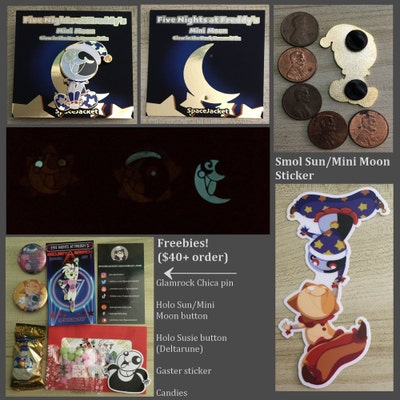 FNAF Smol Sun and Mini Moon Glow-in-the-dark Enamel Pins Free Sticker ...