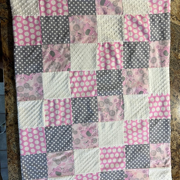 Pink Elephant 7" Square MINKY and Flannel Quilt Blocks, Pre Cut Squares ...