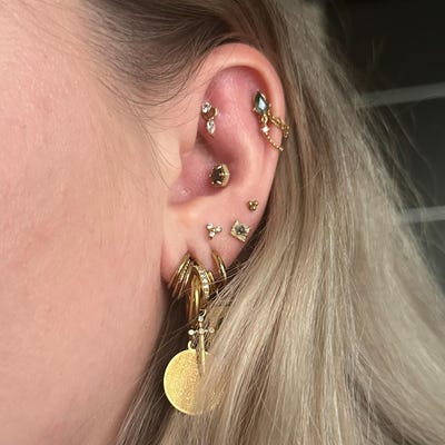 14K Solid Gold Diamond Cut Disc Stud Earring Moss Agate Threadless Push ...