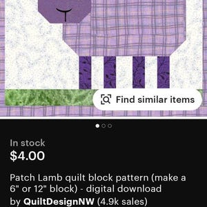 Patch Lamb Quilt Block Pattern (make a 6" or 12" Block) - Digital ...