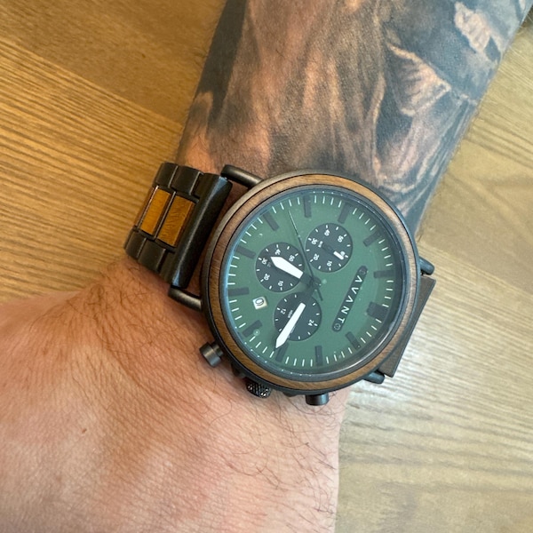Engraved Wood Watch; Explorer S - 44mm (green Sandalwood & Black Steel ...