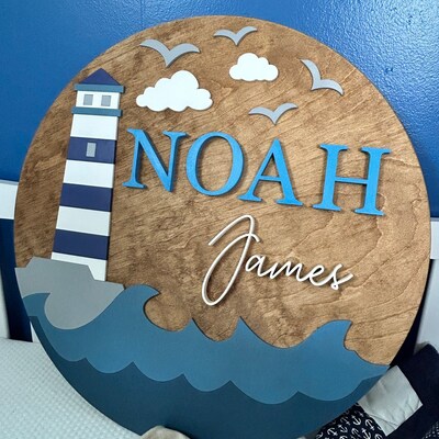 Lighthouse Name Sign, Nautical Nursery Theme, Round 3D Nursery Name ...