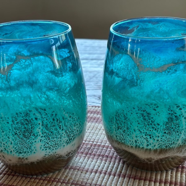Set of 2, Beach Glassware, Beach Wine Glasses, Beach Drinkware, Beach ...