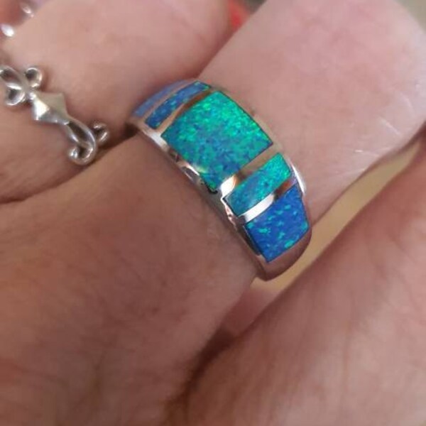 Sterling Silver Blue Fire Opal Inlay Ring Hawaiian Blue Opal Gemstone ...