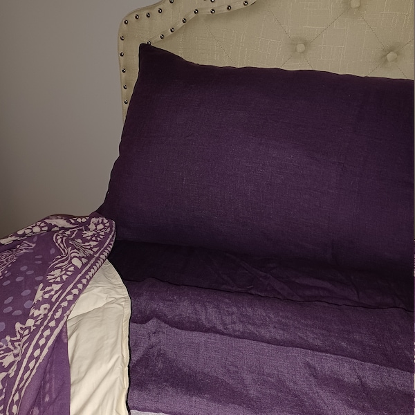 Deep Purple Linen Sheet Set 1 Flat Sheet and 1 Fitted Sheet and 2 ...
