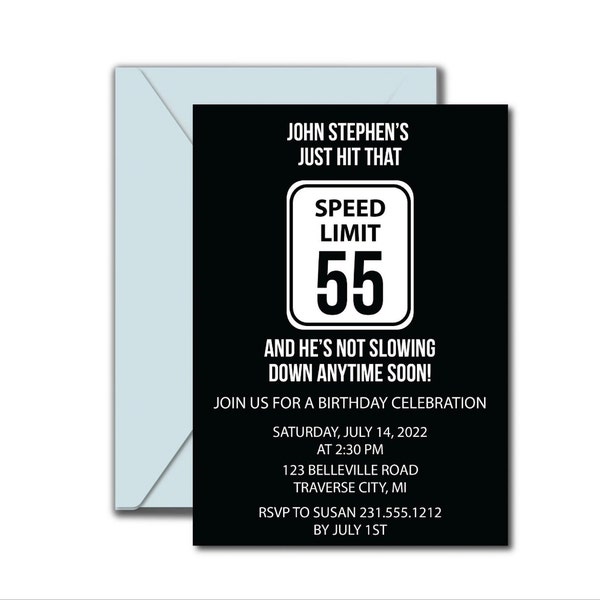55th Birthday Invitation, Speed Limit 55 Party Invitation, Printable ...