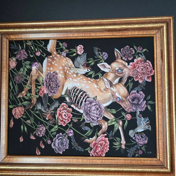 Fawn Deer With Birds and Flowers Gothic Botatnical Art- Giclee Print ...