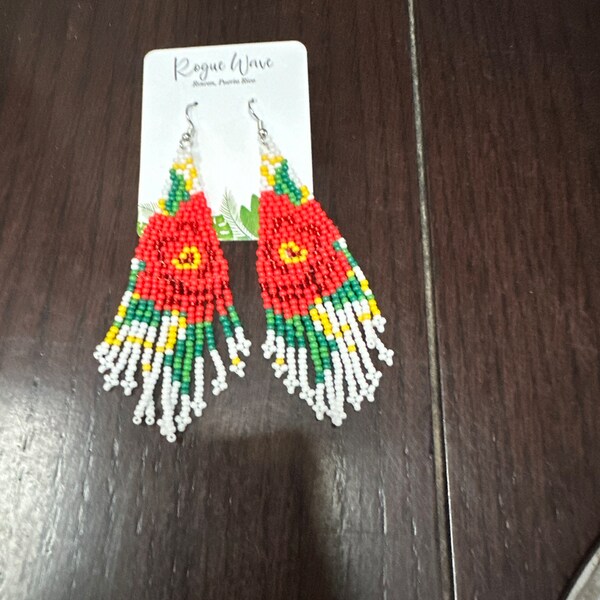 Long Beaded Earrings Floral Seed Bead Earrings Handmade Puerto Rico ...