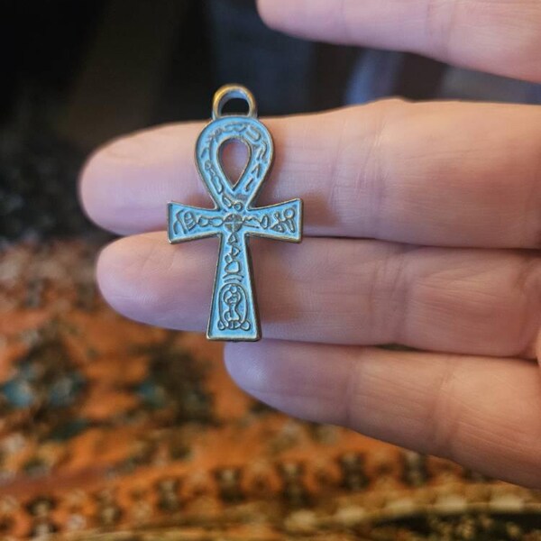 2 Egyptian Ankh Charms 37mm Wholesale Antiqued Bronze Turquoise Patina ...