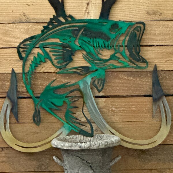 Metal Bass Fish With Hooks Plasma Cut Sign Art Fishing Art Gone Fishing ...