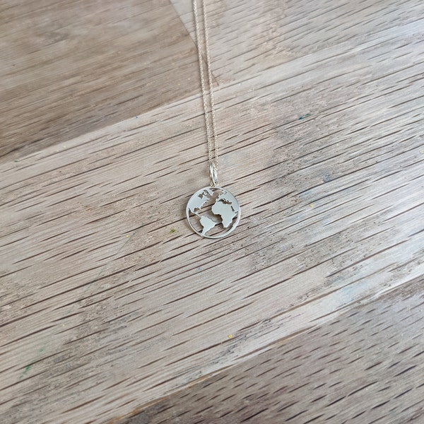 14k Solid Gold Earth Necklace, Dainty World Map Medallion Necklace ...