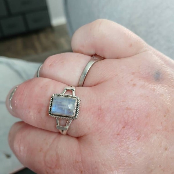Rainbow Moonstone Silver Ring: 925 Sterling Silver Rectangle Gemstone - Etsy