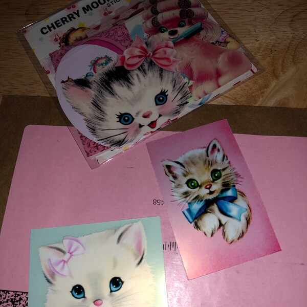 Vintage Pink Stickers Pack. Handmade Cute Kitsch Journal Stickers. Cat ...