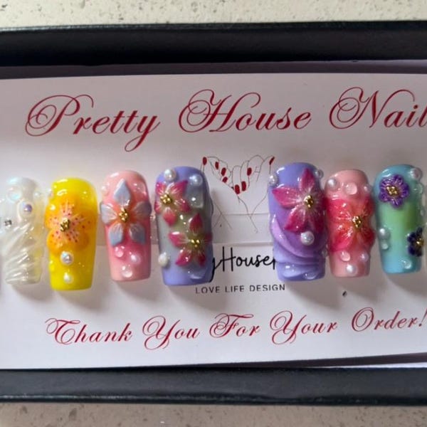 Sunset Tropical Floral Nails Set | Orchid Flower Press on Nails ...