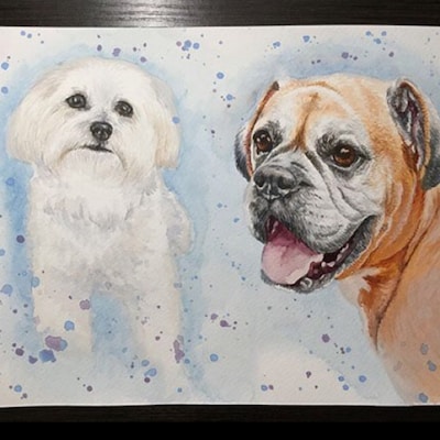 Original Hand Portrait Custom Two Dogs Portrait Double Pet Portrait ...