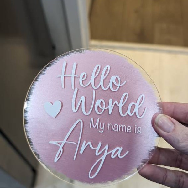 Personalised Acrylic Disc, Hello World Acrylic Disc, Baby Announcement ...