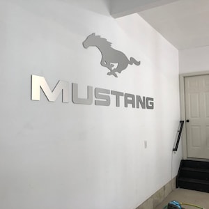 Mustang Pony and Letters Combo Garage Sign 9 Feet Long Brushed Silver ...