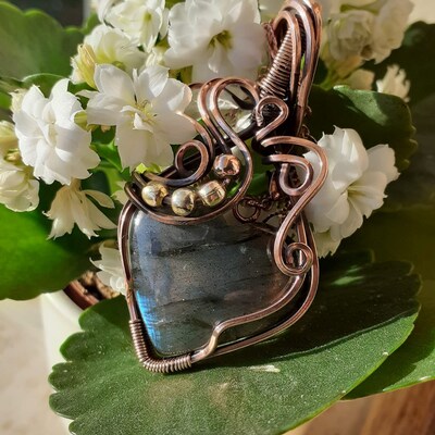 Red Flash Labradorite Gemstone Pendant Copper Wire Wrapped Pendant ...