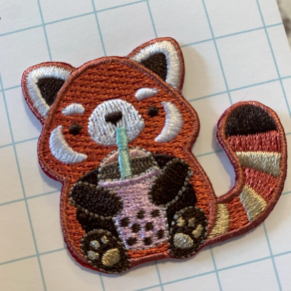 Bubble Tea Red Panda Iron on Patch. Red Panda Drinking Boba Tea ...
