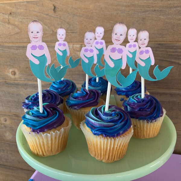 Mermaid Cupcake Toppers Custom With Face for Birthday Party Decorations ...