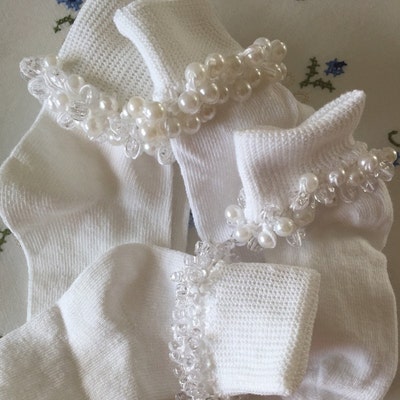 White Pearl Beaded Socks, First Communion Socks, Baptism Socks, White ...