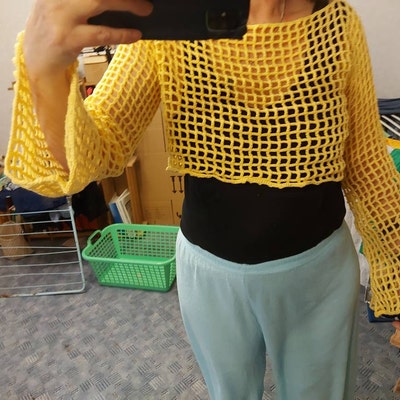Y2k Crochet Knitted Crop Top Hollow Out Fishnet Jumper Smock Top 2000s ...