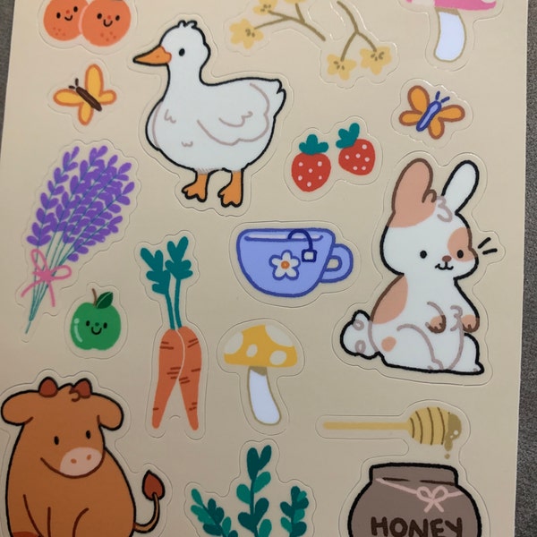 Summer Cute Cottagecore Sticker Sheet - Duck, Bunny, Cow, Flowers ...