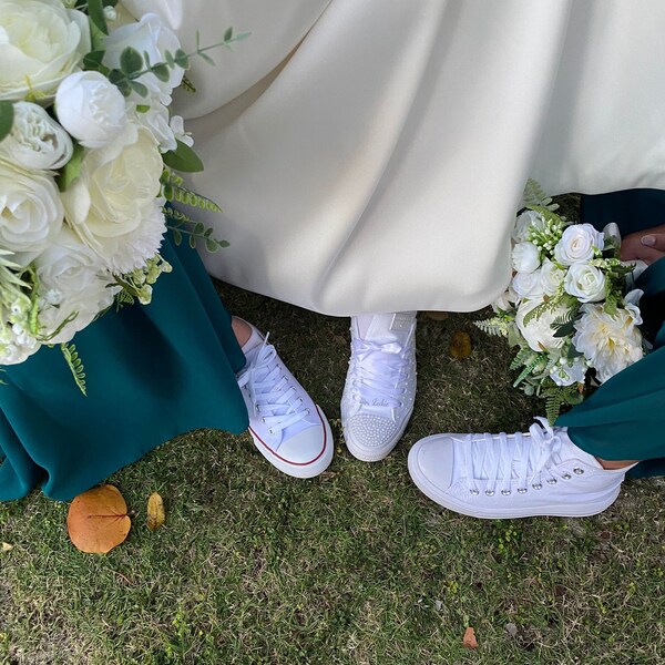 Wedding Bridal Custom White Converse, Crystals, Pearls, Personalised ...