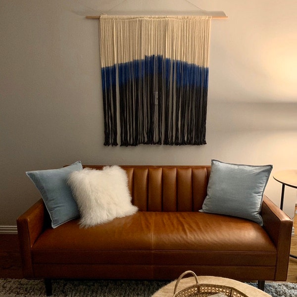 Large Navy Staggered Macrame Wall Hanging, Modern Macrame Wall Art ...