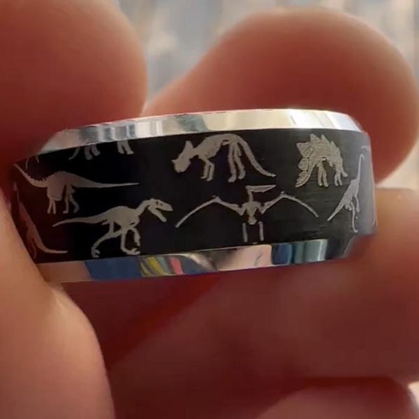 Engraved Dinosaur Tungsten Carbide Wedding Ring, Engraved Ancient ...