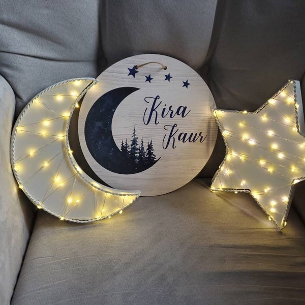 Moon and Stars Round Wood Name Sign, Moon Baby Sign, Round Wood Baby ...