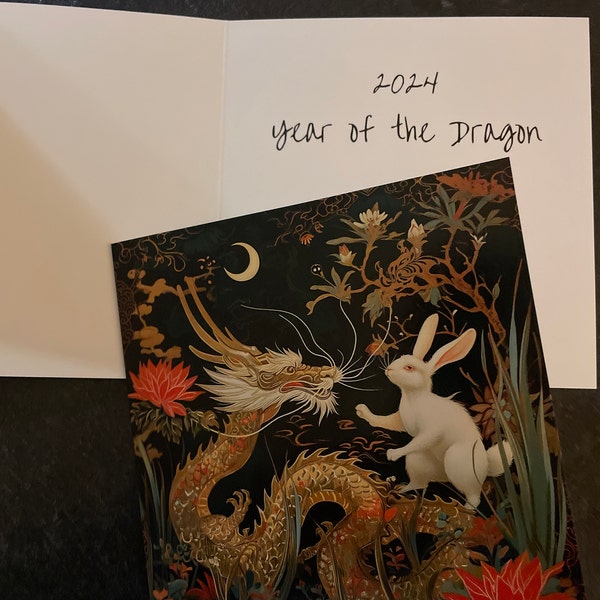 Gold Dragon Chasing Away White Rabbit Birthday Card for Dragon Lovers ...