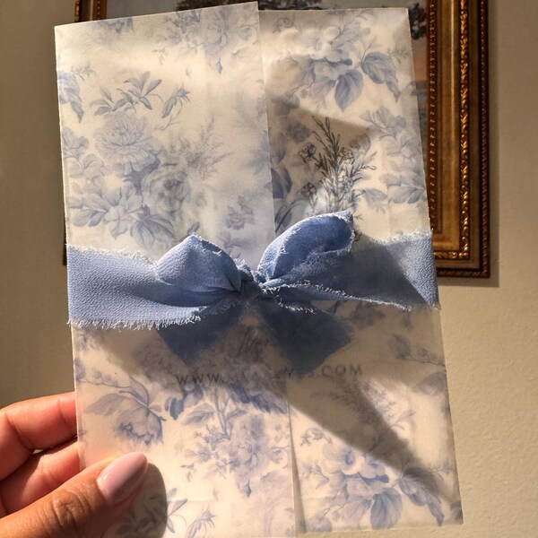 French Blue Toile Wedding Vellum Wrap, Light Blue Vellum Jacket, Floral ...