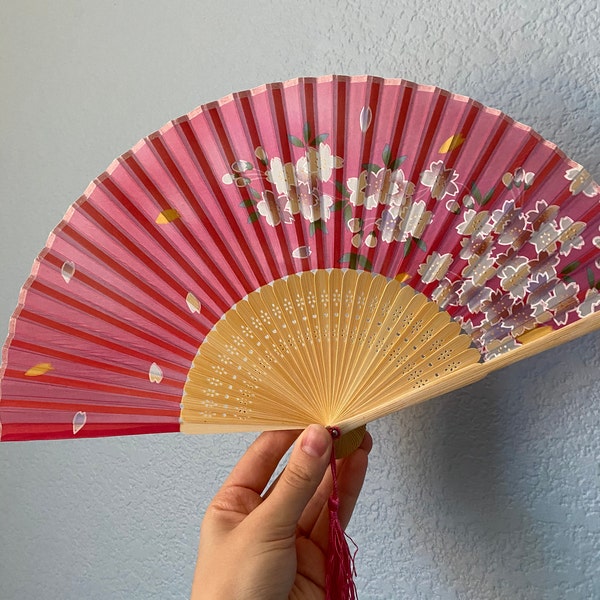 Silk Pink Sakura Hand Fan With Sleeve -handheld Folding Fan, Japanese ...