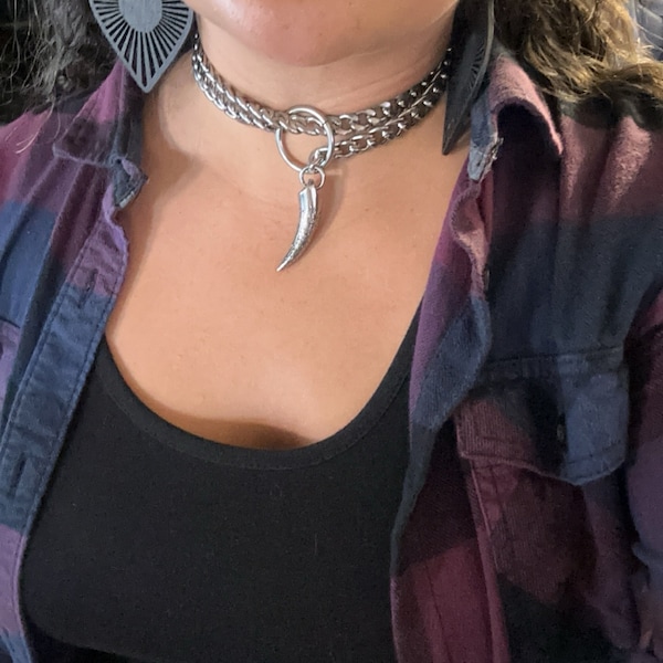 Silver Heavy Metal Steel Lariat Necklace With Steel Tusk Pendant - Goth ...