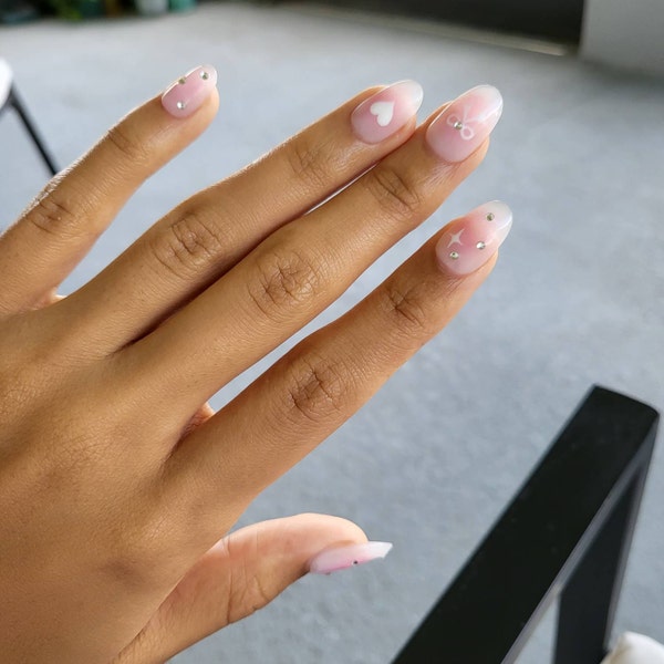 Custom Design No.27 Press on Nails | Jelly White & Pink Blush | Hand ...