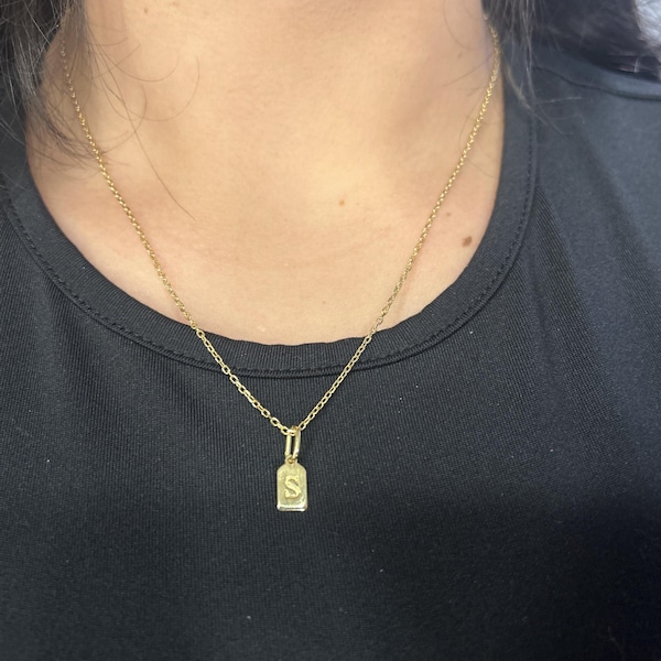 14k Gold Tiny Initial Tag Necklace by Babeina, Custom Engraved Letter ...