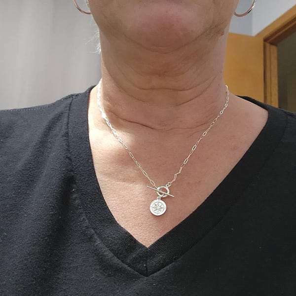 Silver Compass Necklace, Paperclip Chain Necklace With Toggle Closure ...