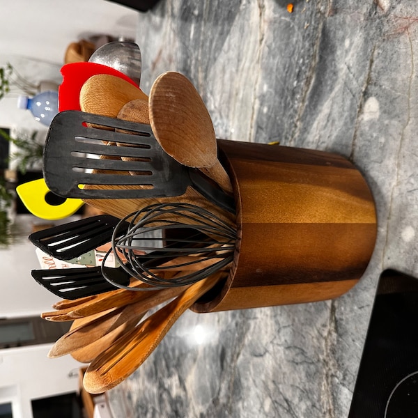 Acacia Wood Rotating Lazy Susan Utensil Holder - Etsy