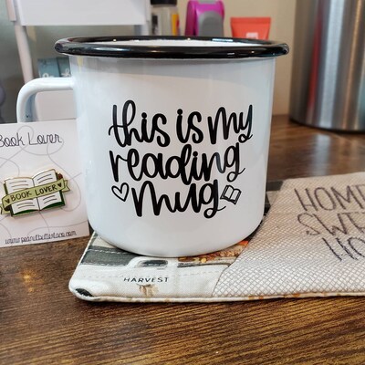 This is My Reading Mug Double Sided Enameled Steel White Cup With Black ...