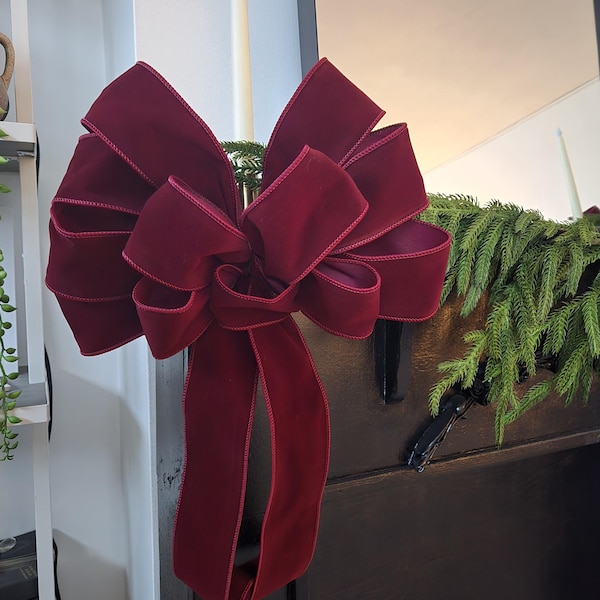 Dark Burgundy Velvet Wired Bow - Handmade Bow - Outdoor Bow - Christmas ...