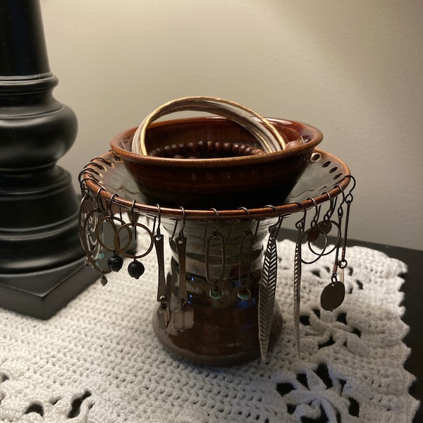 Ceramic Earring Holder With Dish in Waterfall Brown, Pottery Jewelry ...