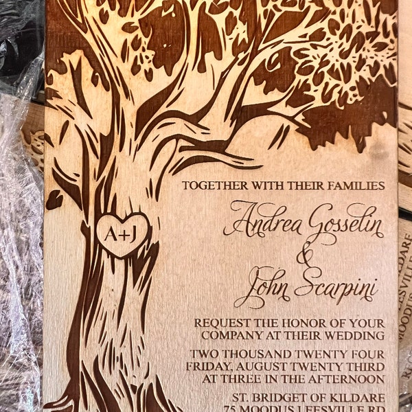 Wood Wedding Invitation, Tree With Swing, Wood Invitation, Oak Tree ...
