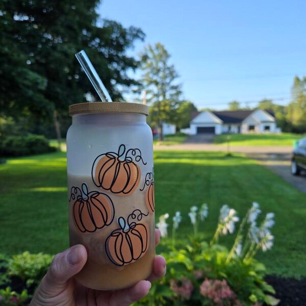 Pumpkin Glass Can Coffee Cup With Lid and Straw, Fall Coffee Mug, Fall ...