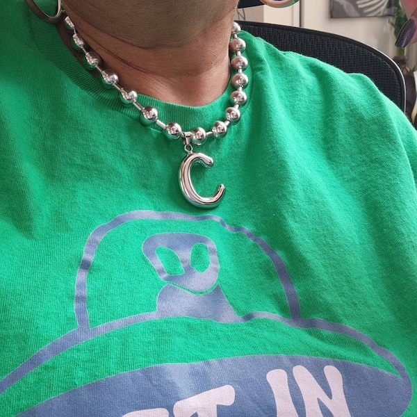 Oversized Blob Letter Ball Chain Necklace Silver Stainless Steel Puffed ...