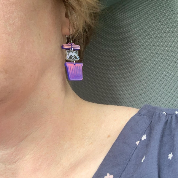 Funky Raccoon Trash Can Earrings: Laser Cut Acrylic Statement Jewelry ...